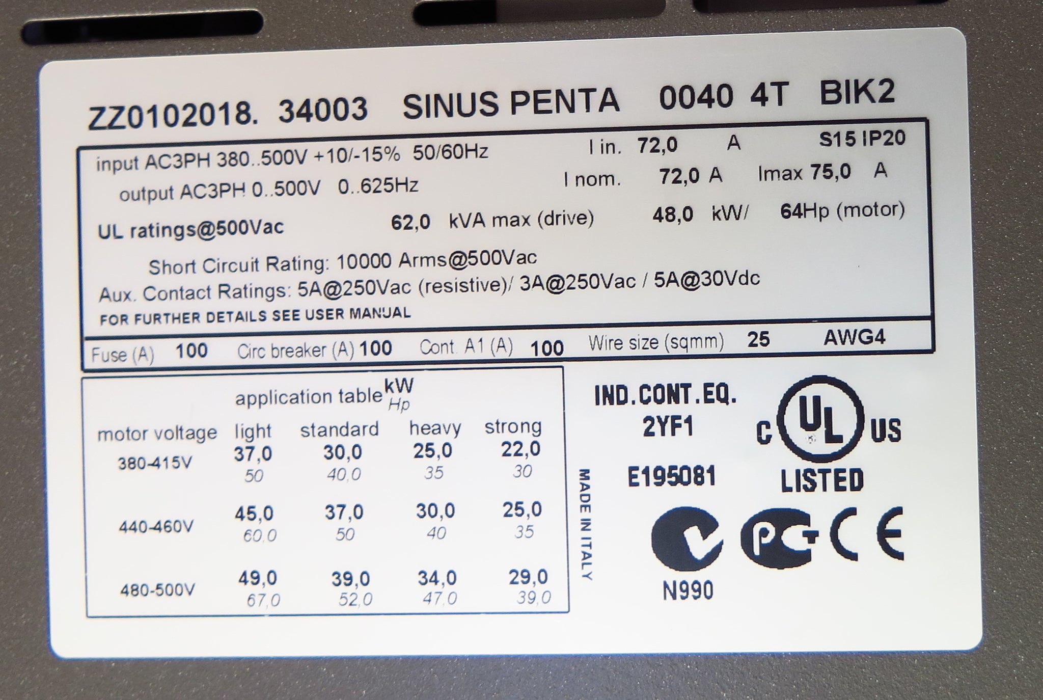Santerno VFD AC Drive Sinus Penta Motor ZZ0102018 34003 48kW 64HP 380 ...