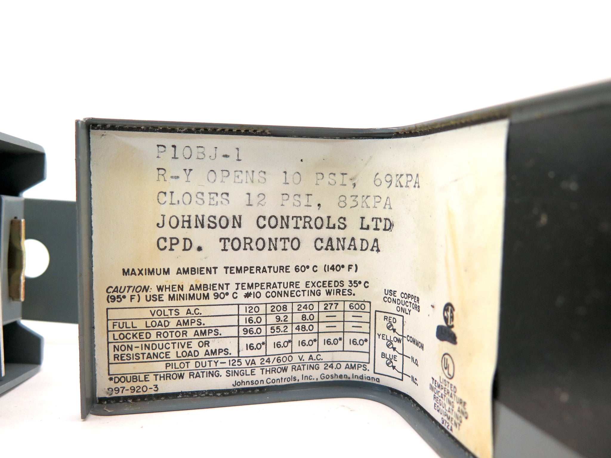 Penn/Johnson Controls P10BJ-1 R-Y OPENS 10 PSI 69KPA Closes 12PSI 83KP ...