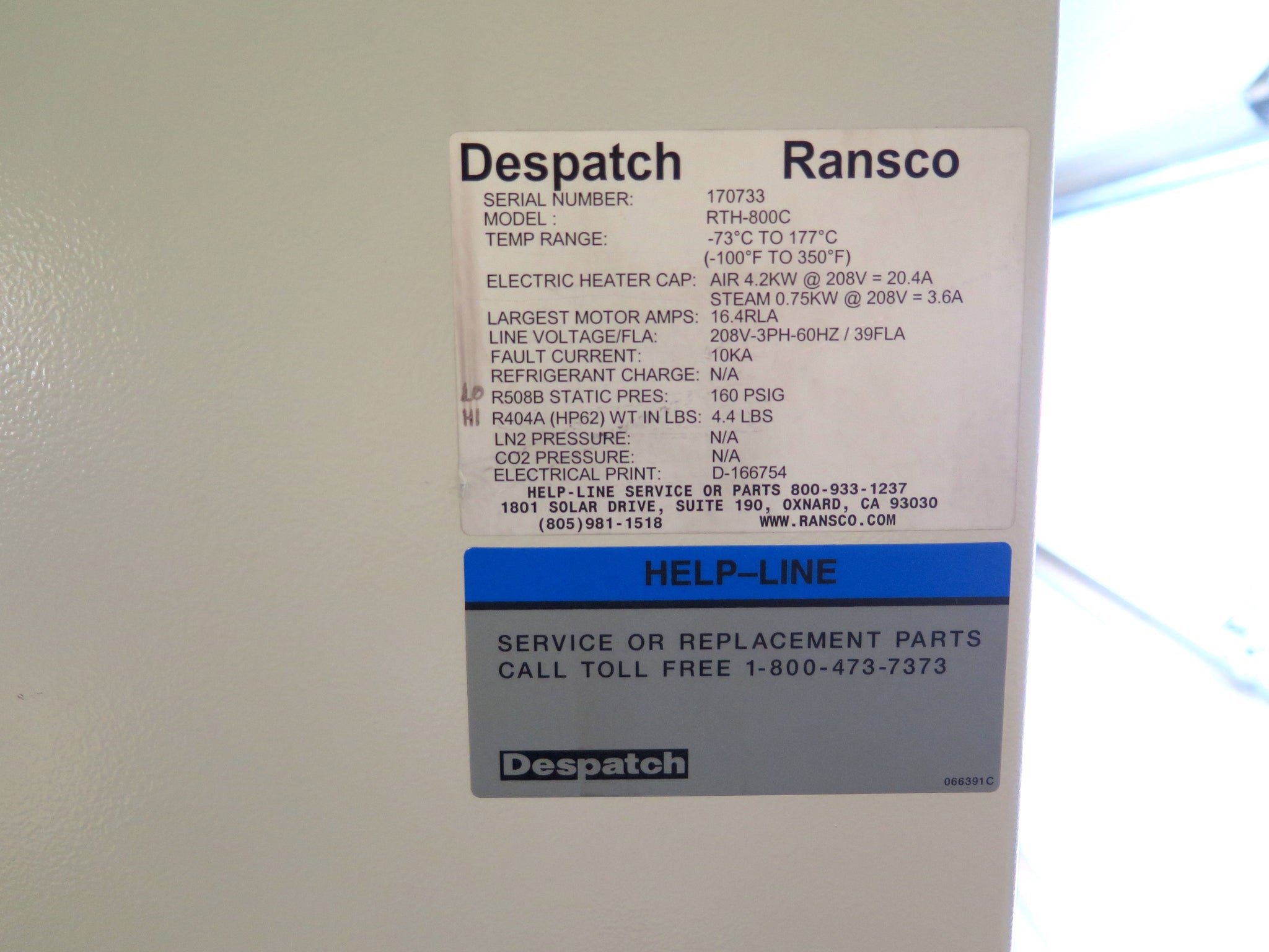 Despatch Ransco RTH-800-C -73C to 177C Enviromental Chamber 28 Cu Ft M ...