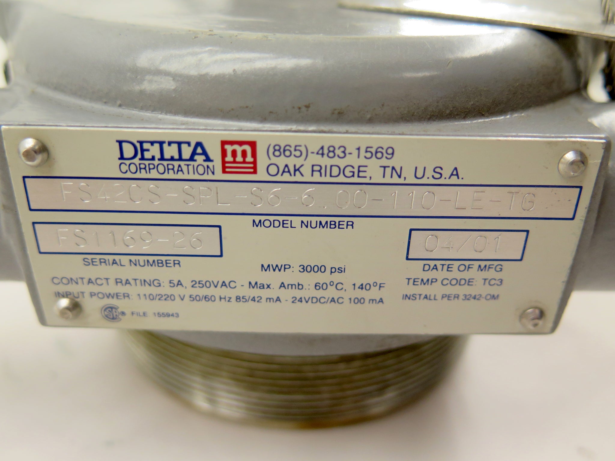 Delta Microtuf F42CS-SPL-S6-6.00-110-LE-TG Mass Flow Switch 3000PSI ...