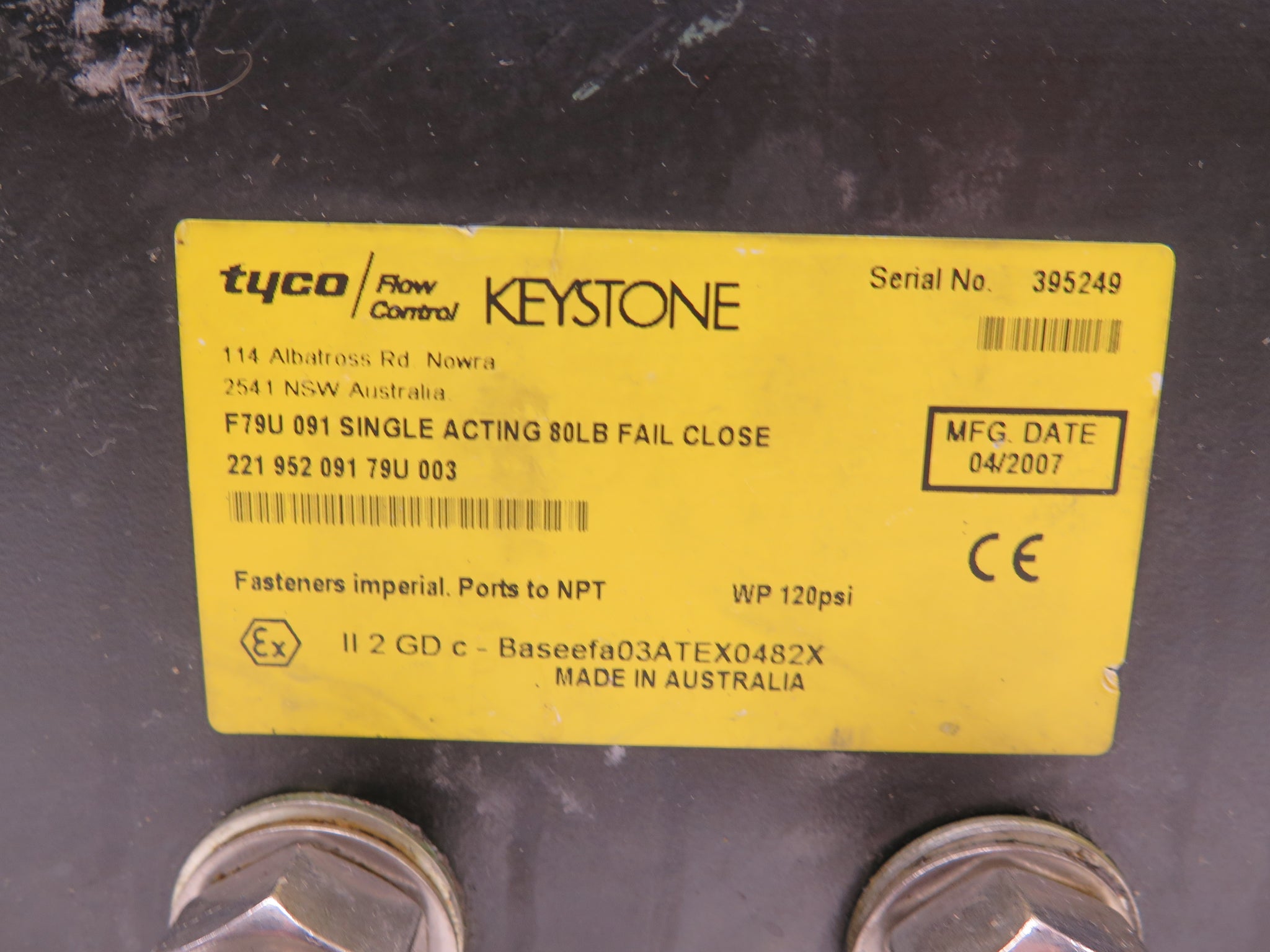 Keystone / tyco F79U 091 Single Acting 80Lbs Fail Close Pneumatic Actu ...